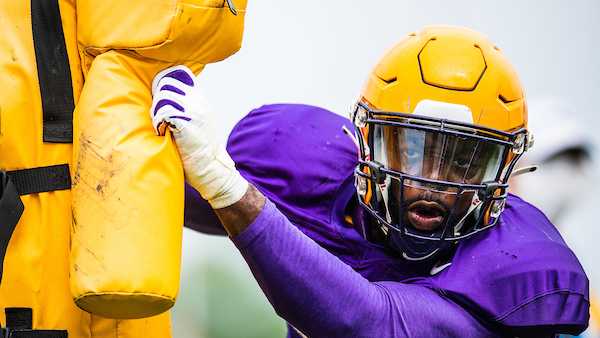 The LSU Tigers continue fall camp with another practice with shoulder pads.