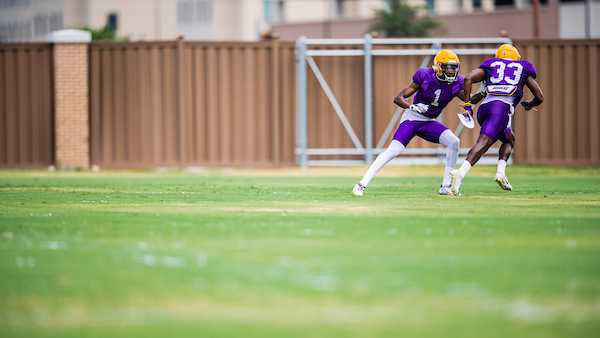 The LSU Tigers continue fall camp with another practice with shoulder pads.