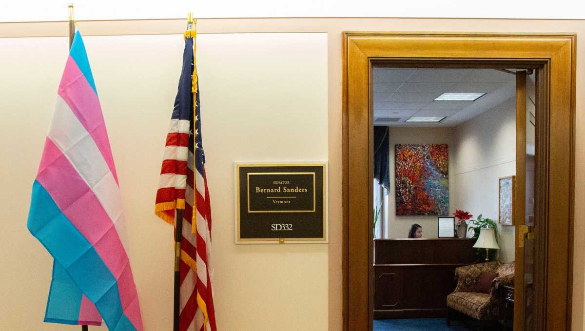 Sen. Bernie Sanders displays transgender pride flag at office
