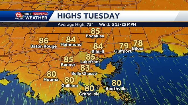 New Orleans weather forecast rain chances high temp Tuesday