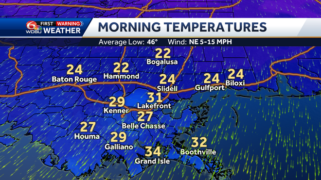 New Orleans weather forecast how much snow Tuesday how cold