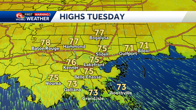 New Orleans weather forecast high low temperature rain chances