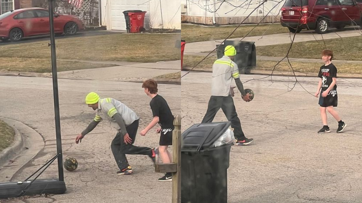 Garbage man stops to play basketball with boy outside home