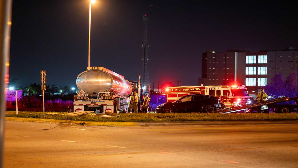 Tesla crashes into truck causing oil spill in Fort Myers