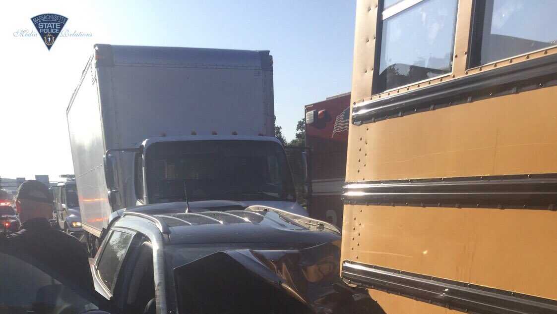 3 injured in multivehicle crash involving school bus on Interstate 95 on Westwood/Dedham line