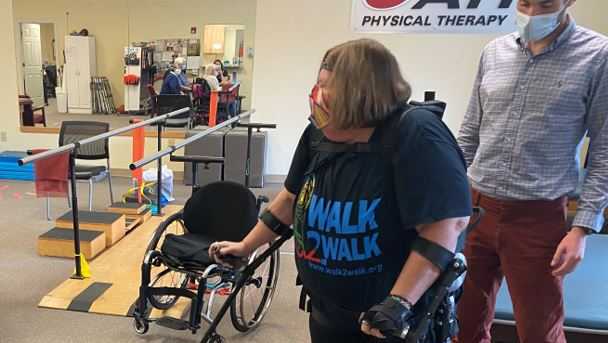 Woman walks with first exoskeleton in the Upstate