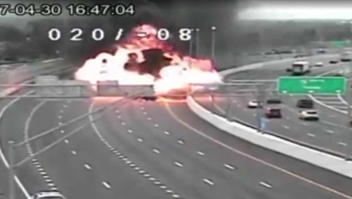 Watch: Tanker explosion captured on highway camera
