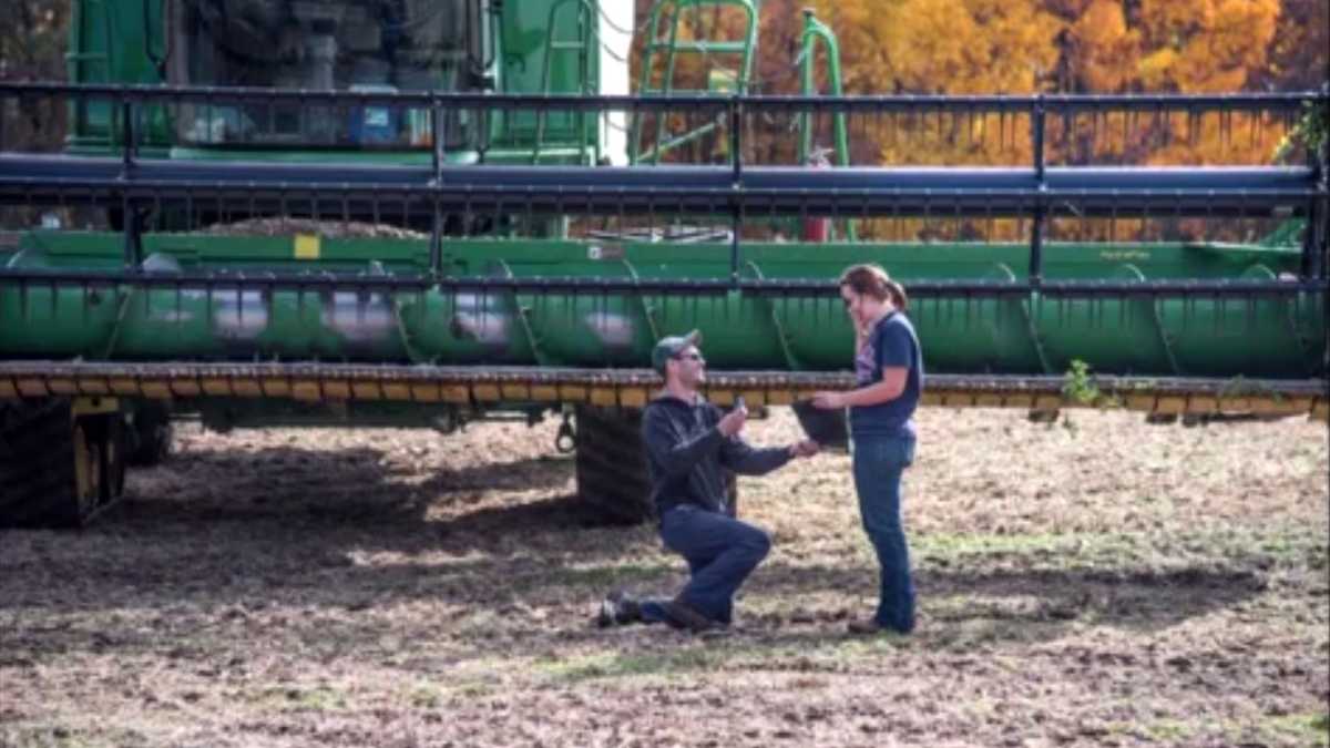 Farmer creates marriage proposal in soybean field