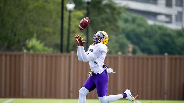 The LSU Tigers continue fall camp with another practice with shoulder pads.