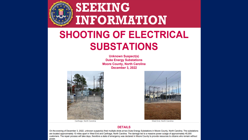 North Carolina: $75,000 reward offered in power grid attack North Carolina: $75,000 reward offered in power grid attack