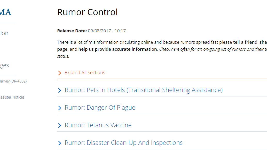 FEMA's "Rumor Control" site addresses Hurricane Irma social media myths