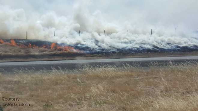 Crews battle growing grass fire near I-5