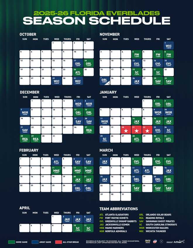 Florida Everblades announce 2025-26 ECHL schedule