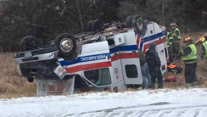 3 in ambulance that flipped on way to hospital