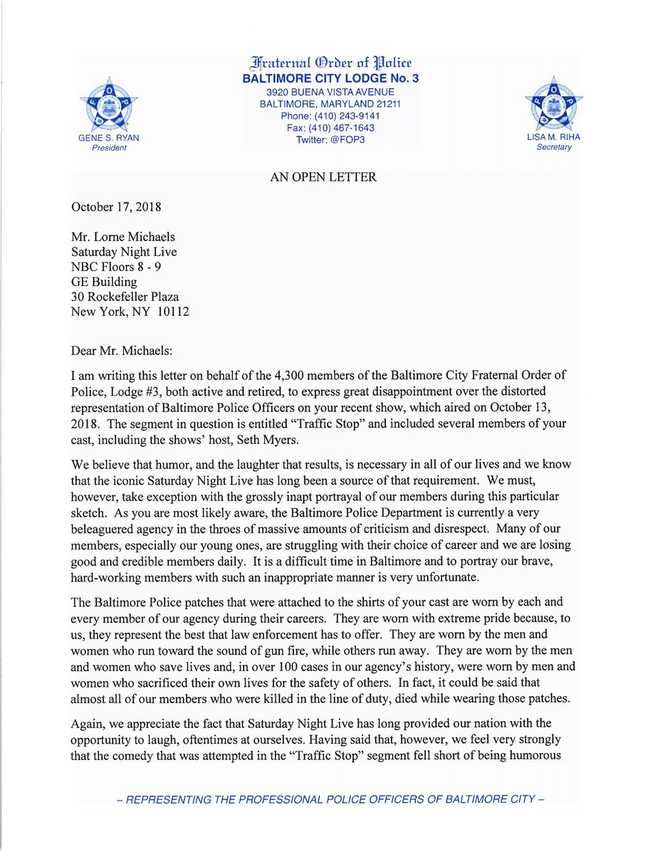 Baltimore FOP expresses 'disappointment' over SNL skit
