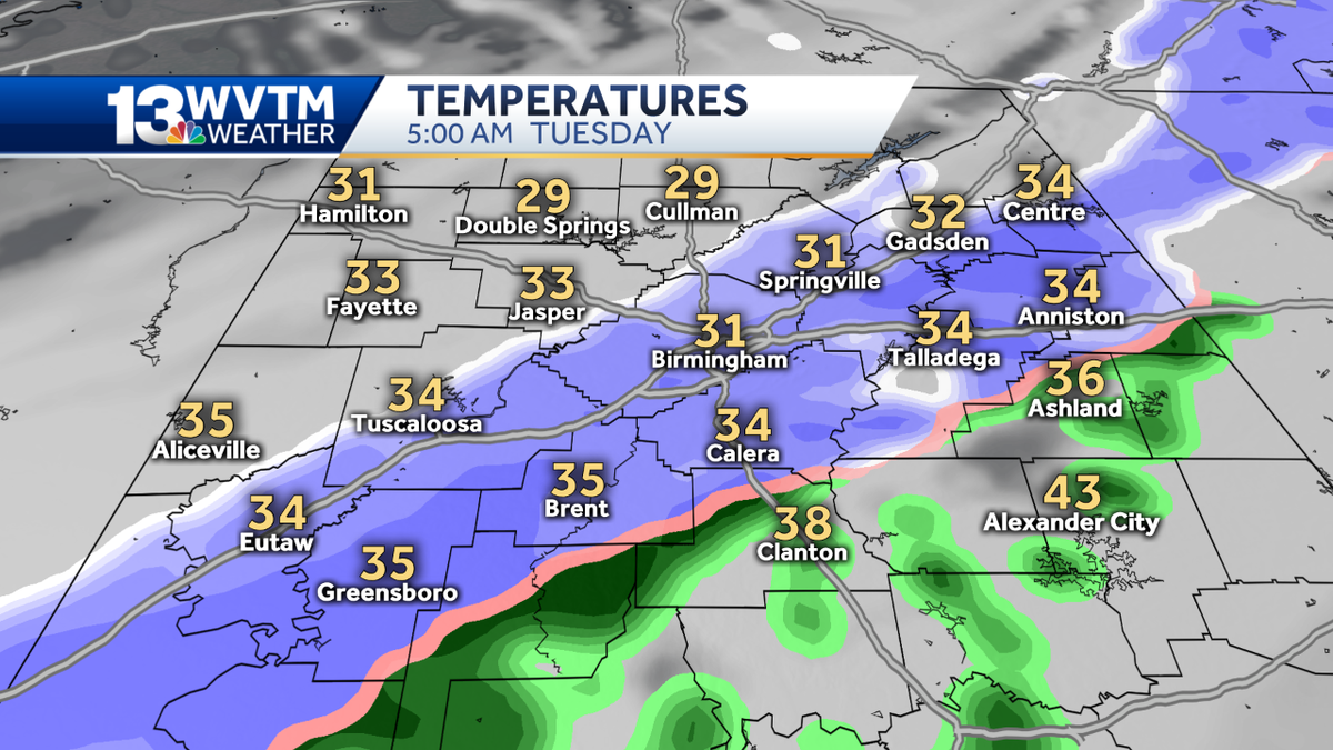 Timing of snow, temperatures in central Alabama Tuesday