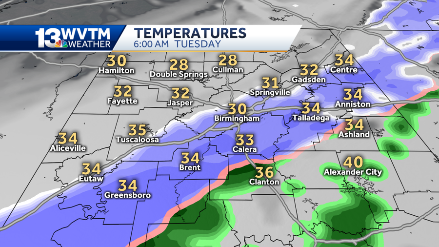 Timing of snow, temperatures in central Alabama Tuesday