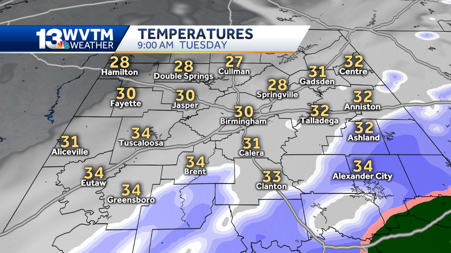 Timing of snow, temperatures in central Alabama Tuesday