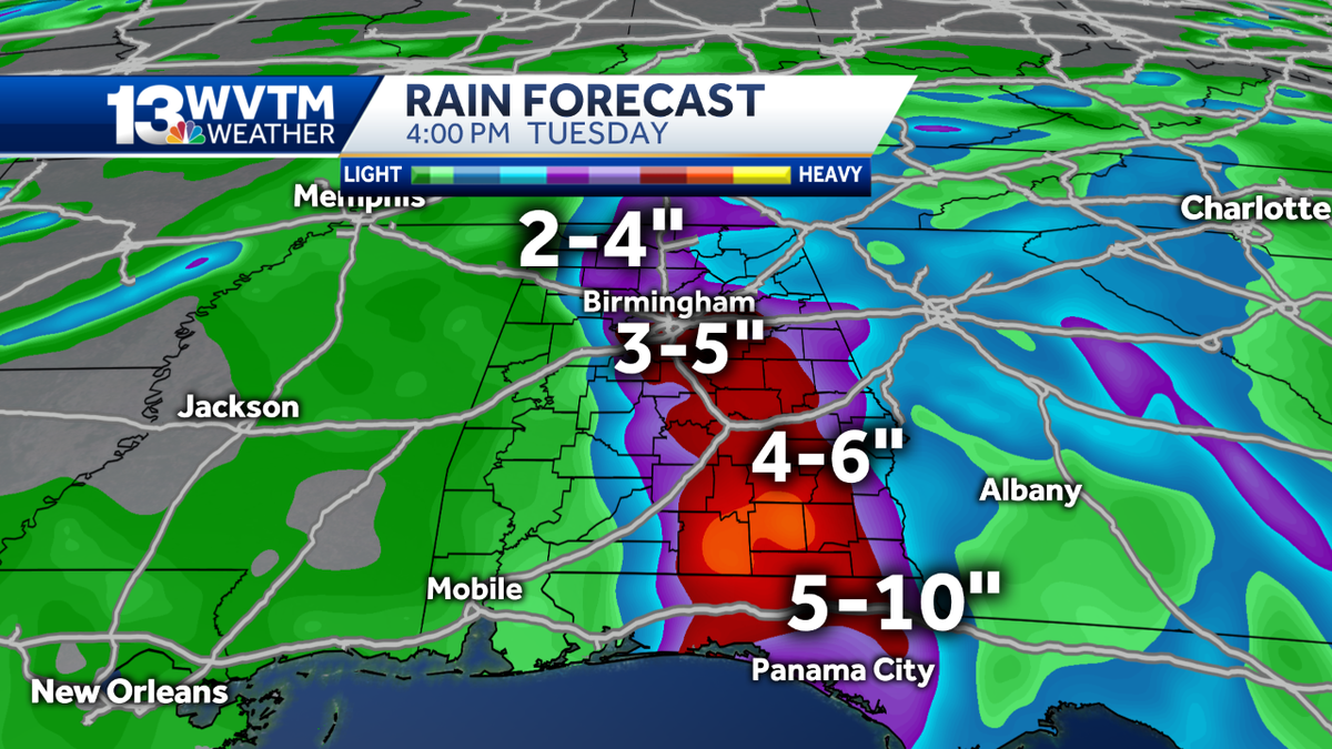 Heavy rains from Alberto moving across central Alabama