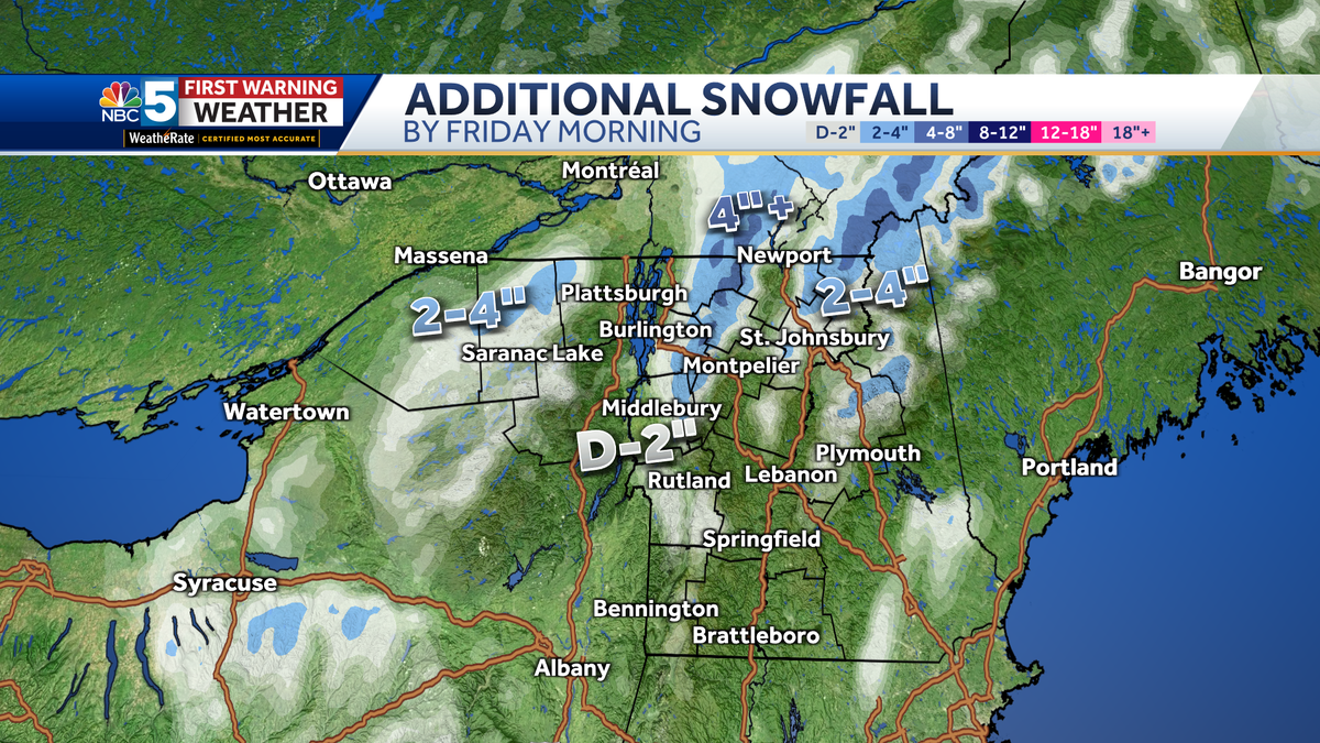 Mountain snow continues in Vermont, New York on Thursday