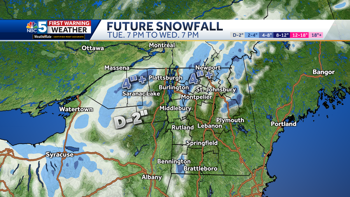 Heavy mountain snow Tuesday night in Vermont, New York