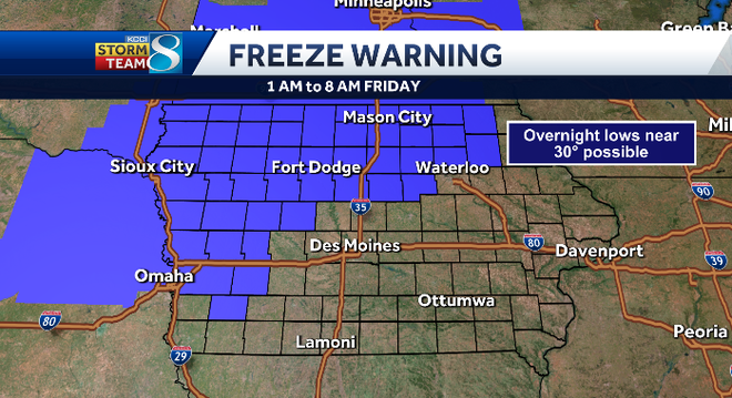 Iowa weather: Freeze warning and frost advisory issued for most of Iowa ...