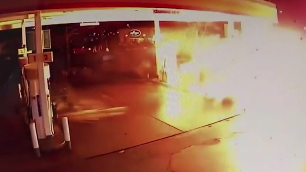 Dramatic surveillance footage shows car slamming into gas pump