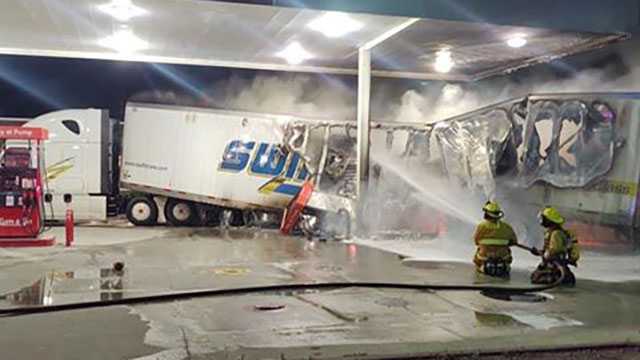 Fire erupts when semi-truck strikes gas pump in Adair