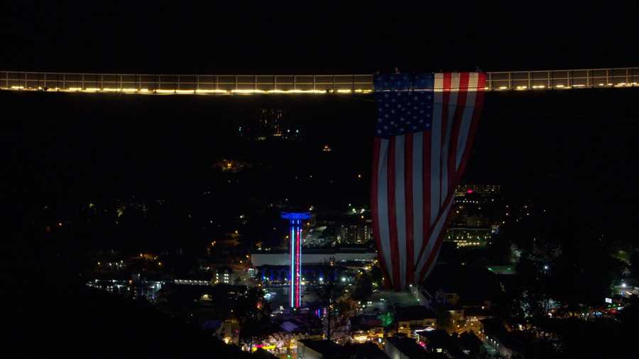 American flag hanging from iconic pedestrian bridge
