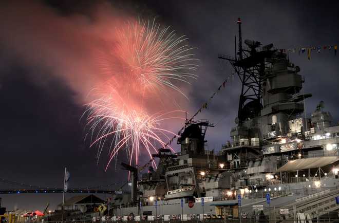 Check out these photos of fireworks above the USS Iowa battleship