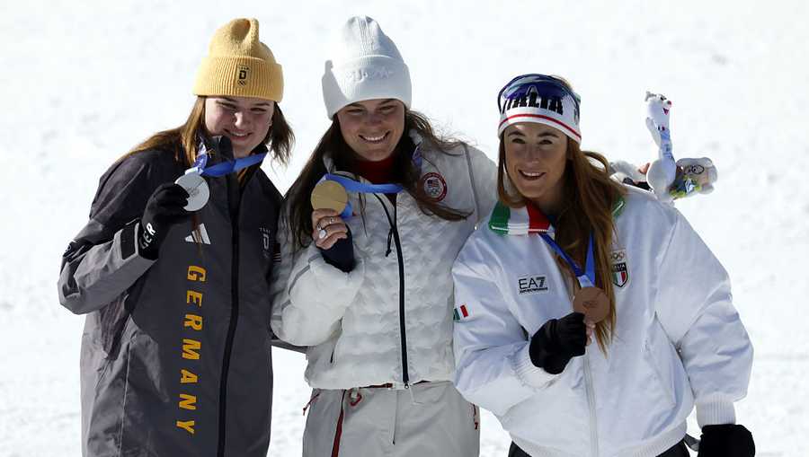 WATCH: American Breezy Johnson receives downhill gold medal at ceremony