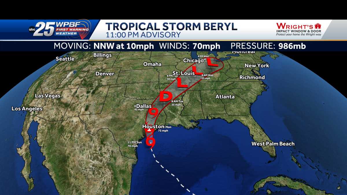 Tropical Storm Beryl is still expected to strengthen more tonight