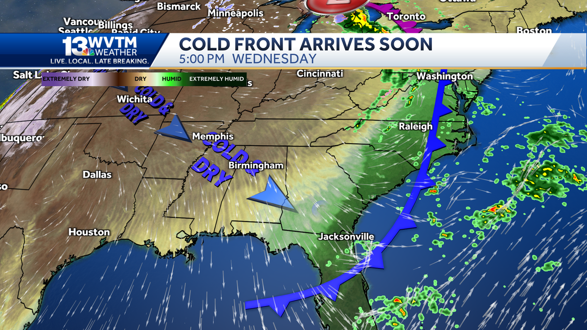 A strong cold front leads a polar air mass into Alabama this week