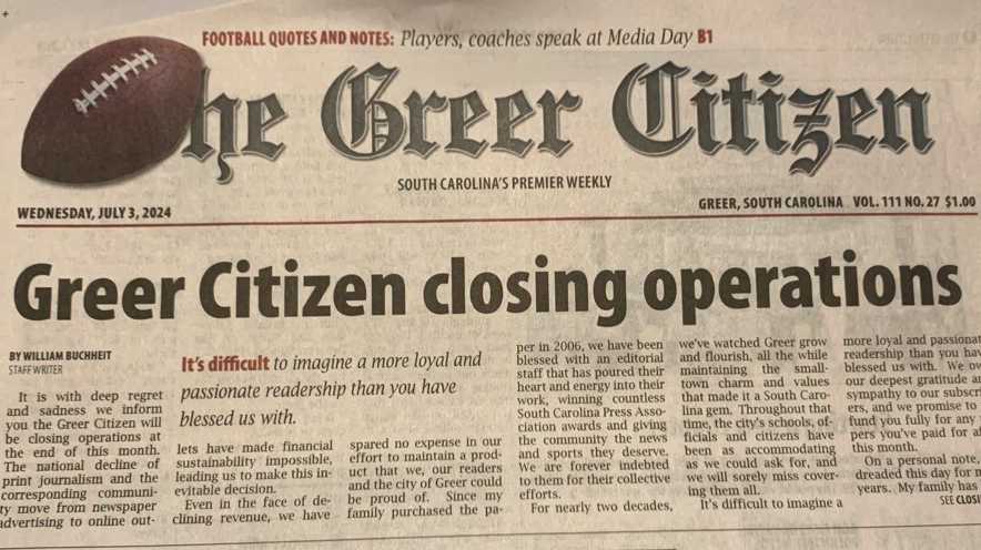 South Carolina: Local newspaper announces it is closing operations