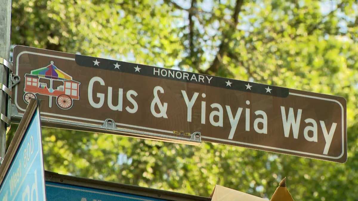 Gus & Yiayia Way street sign recognizes Pittsburgh ice ball cart