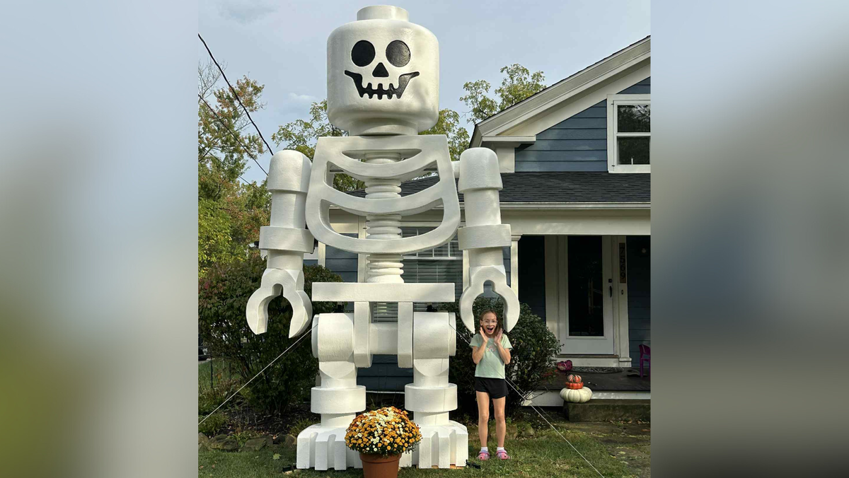 Ohio man's Halloween display with massive LEGO-inspired skeleton goes viral