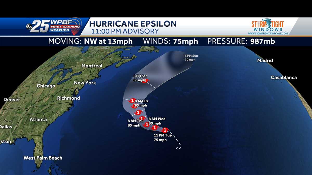 Epsilon strengthens into category 1 hurricane, forecast track remains ...