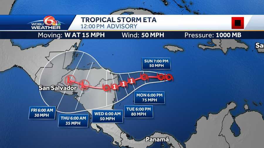 Tropical Storm Eta likely to become hurricane Monday in the Caribbean