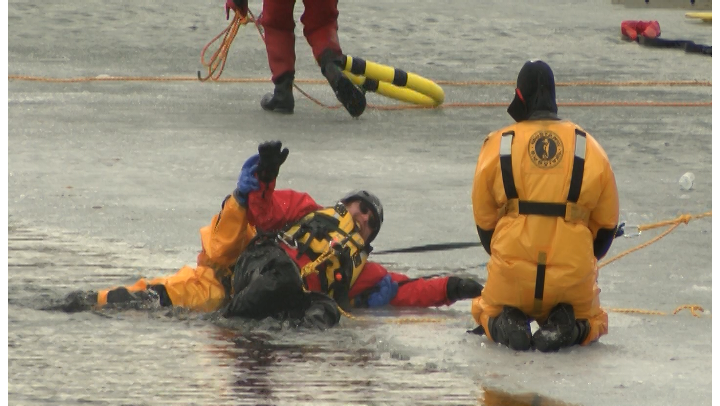 Firefighters suit up for ice rescue training