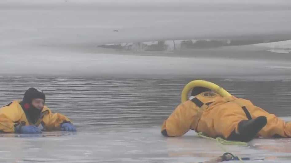Manchester firefighters practice ice rescues as weather warms