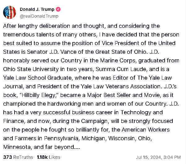 Donald Trump picks Ohio Sen. J.D. Vance as running mate