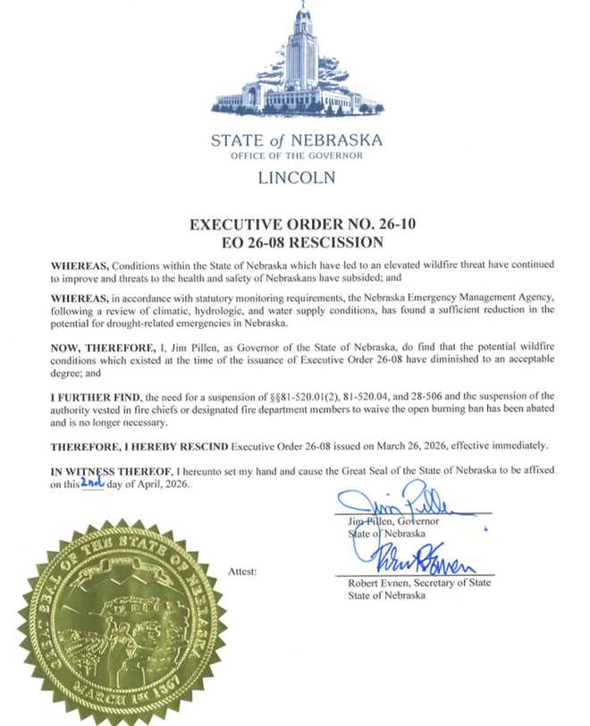 Nebraska governor rescinds burn ban