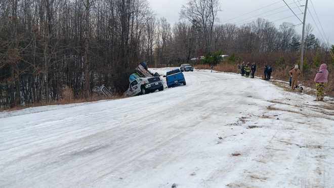 Tanker overturns on icy road in Tobaccoville