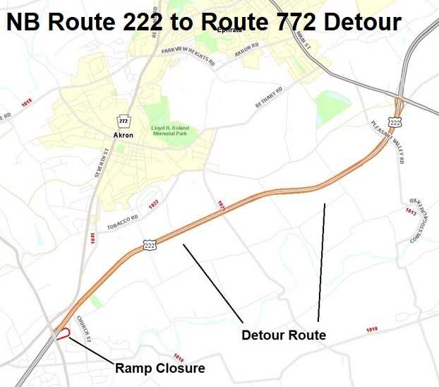 Route 222 ramps shut down for construction in Lancaster County, Pa.