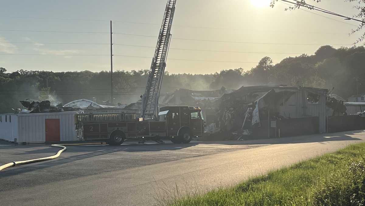 Firefighters putting out hot spots day after fire at food plant in Pell ...