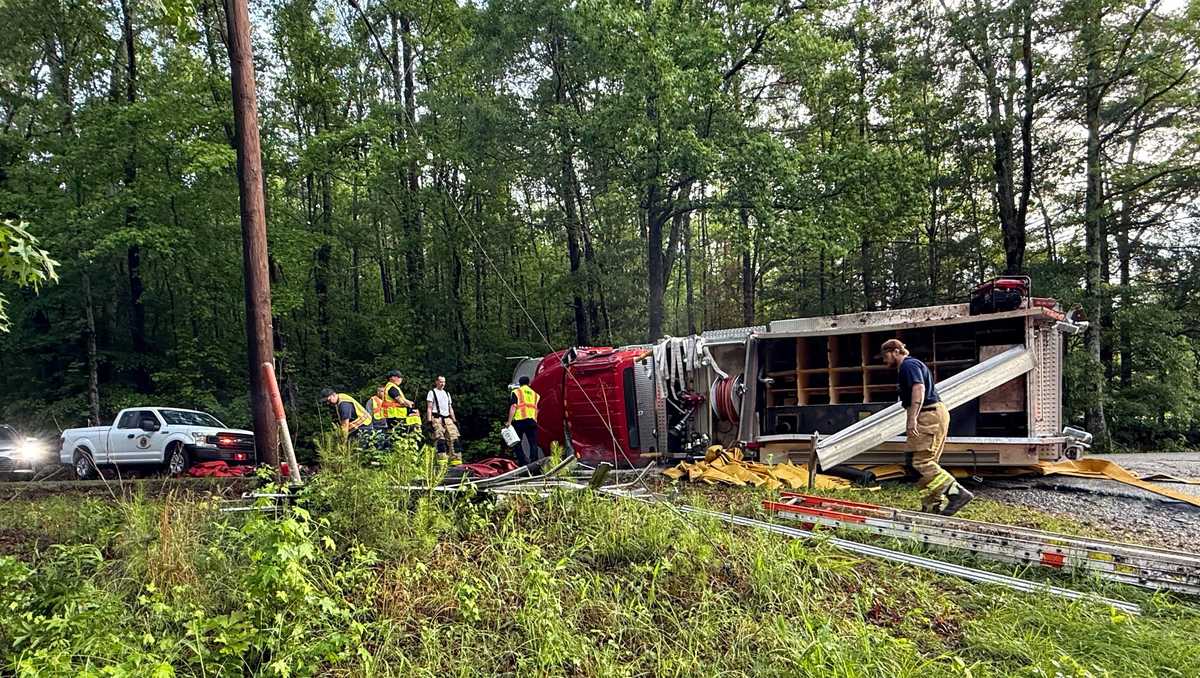 Overturned fire truck in Anderson County, South Carolina