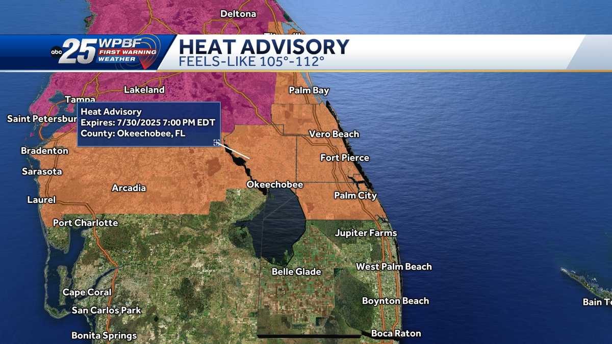 Heat advisory for Treasure Coast, Okeechobee County Wednesday