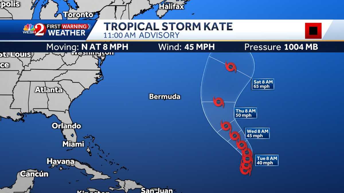 Kate expected to move over open waters of central Atlantic Ocean