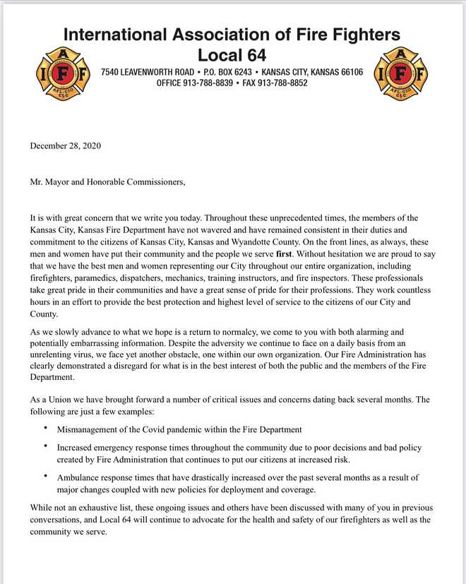 WYANDOTTE COUNTY: KCK firefighter union calling on fire chief to resign
