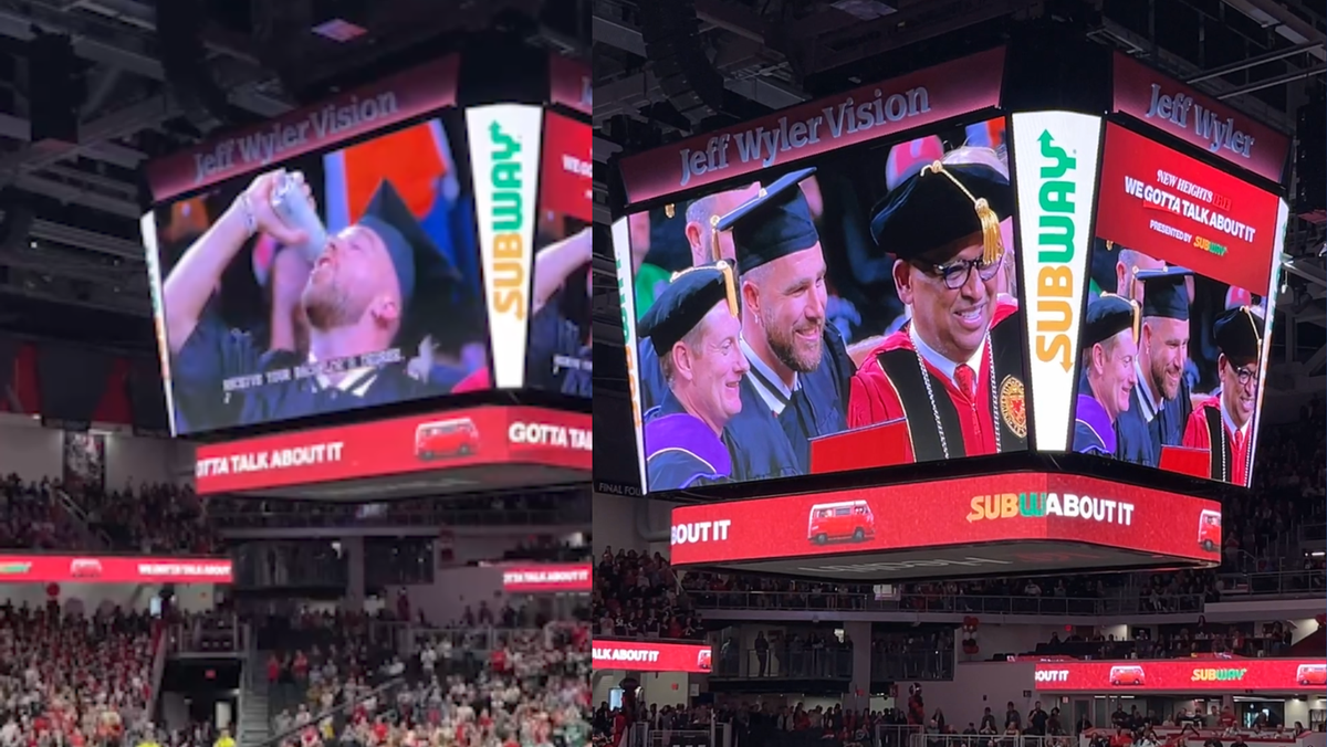 Travis Kelce chugs beer before getting diploma during surprise ...